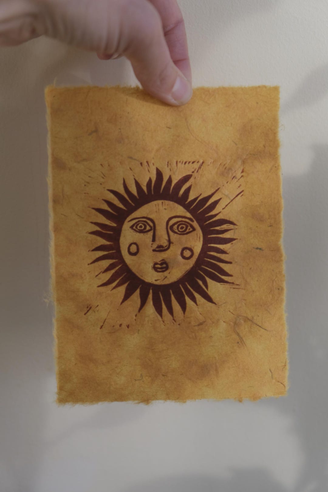 Hand Printed Sun Face Lino Print on Lokta Paper – A6 Handmade Botanical ...