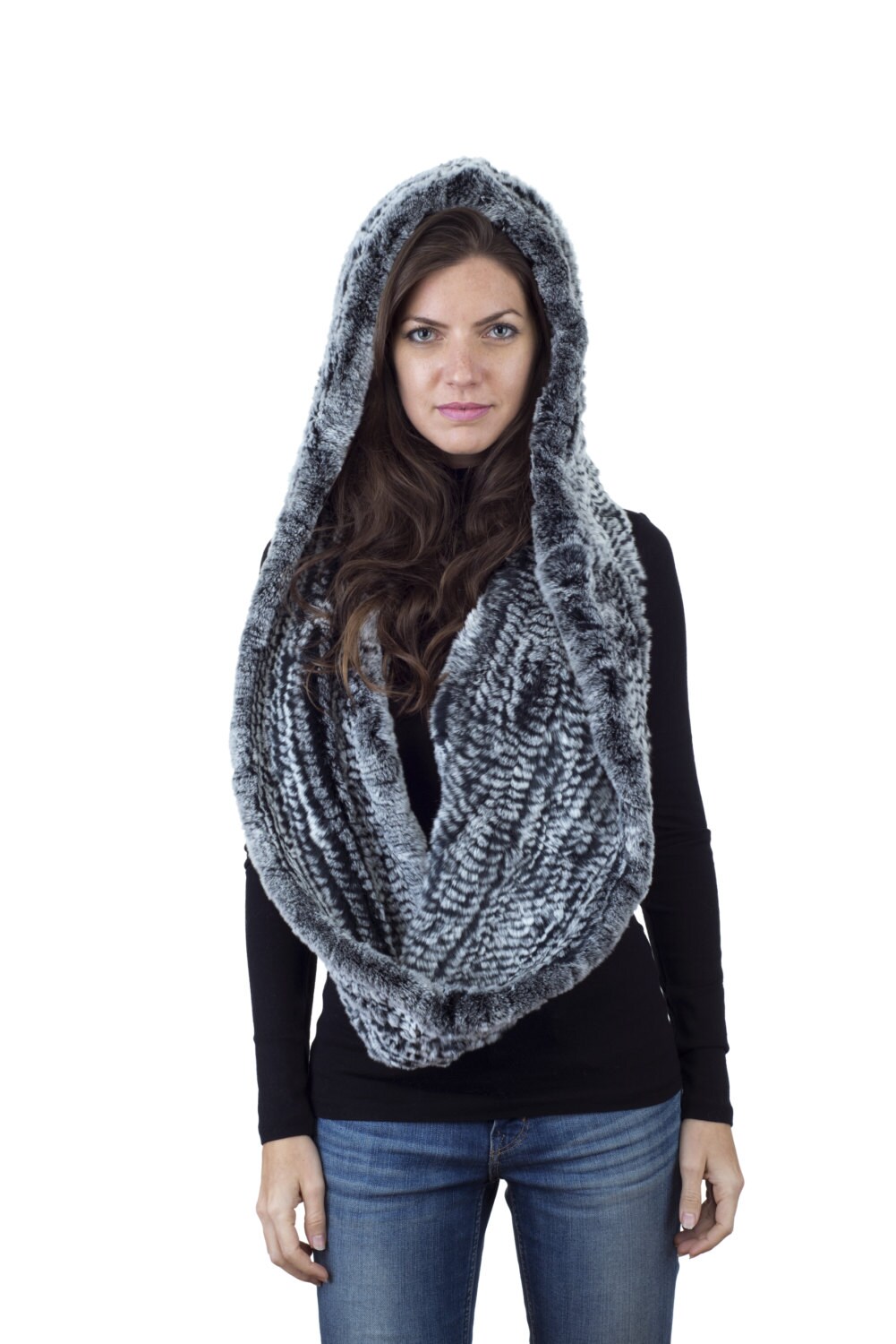 Hood With Wide Scarf Black Frost Rex Rabbit Fur. Infinity Fur - Etsy