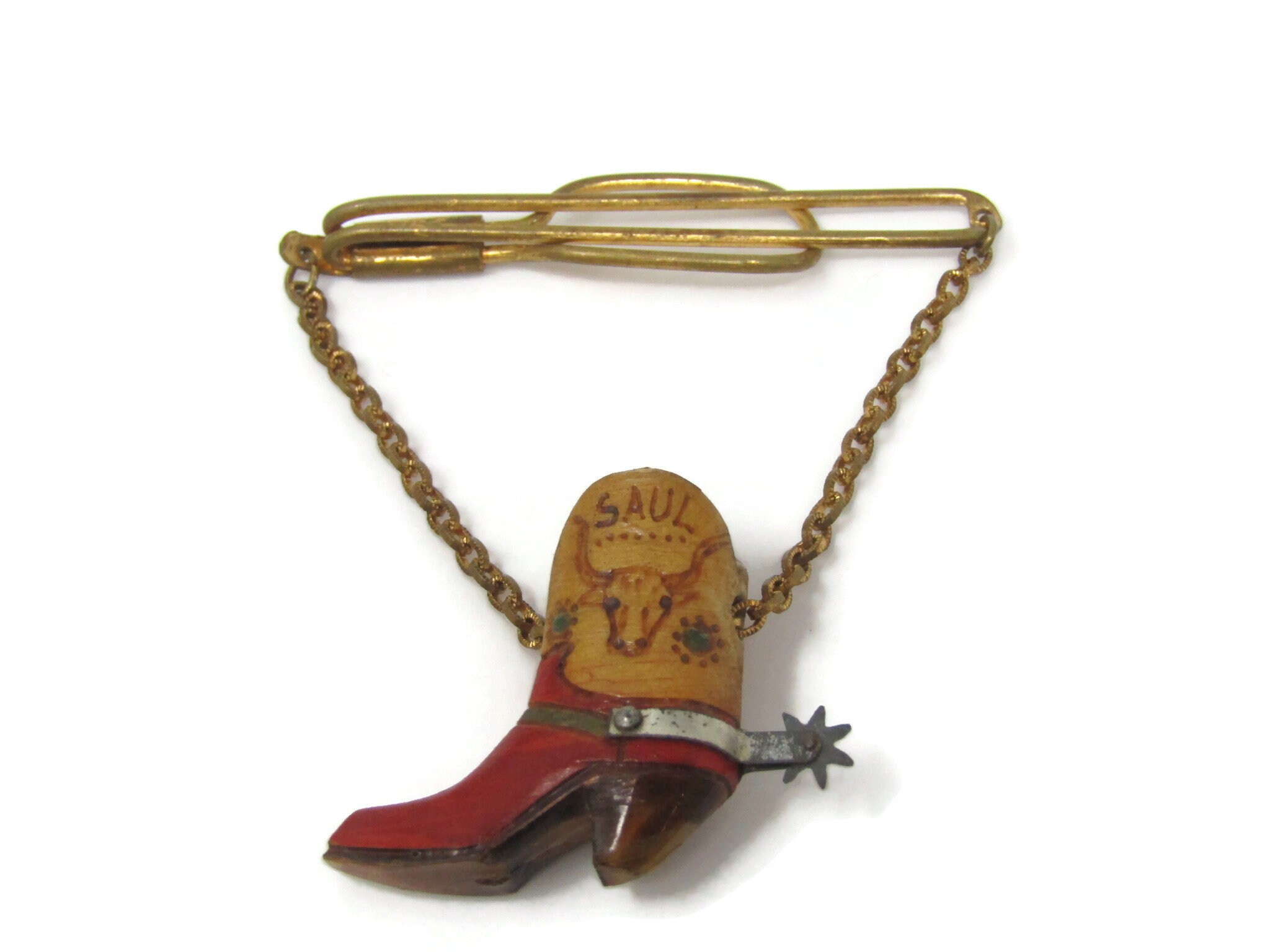 Cowboy Boot Carved Wood Excellent Tie Clip Bar Gold Tone Vintage Men's ...