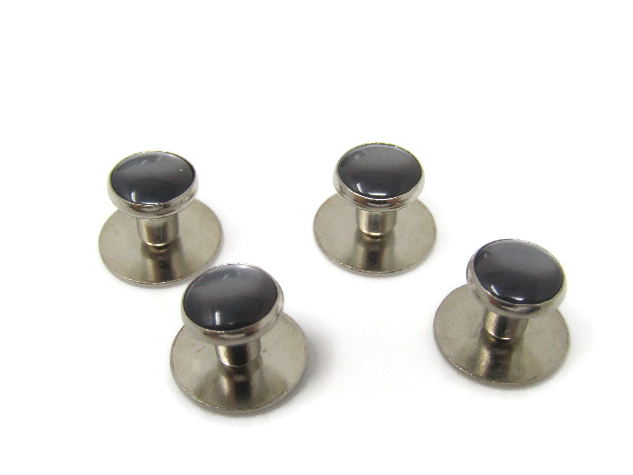 Four Black Center Vintage Shirt Stud Buttons Round Silver Tone Fixed ...