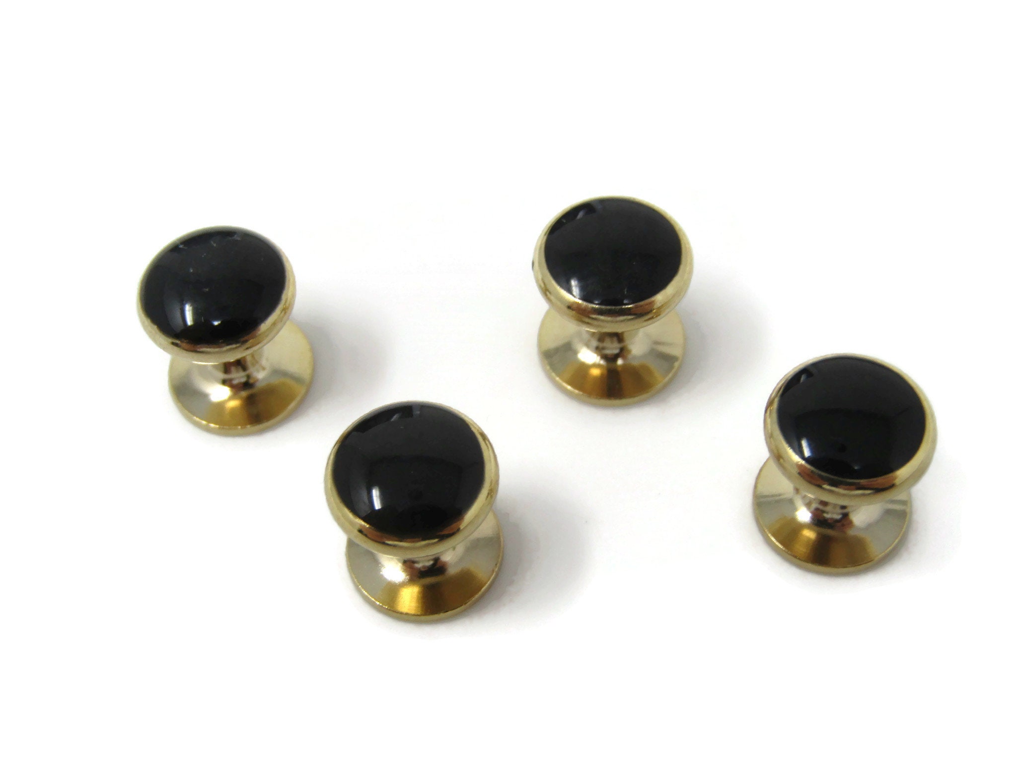 Four Black Center Vintage Shirt Stud Buttons Round Gold Tone Fixed Post ...