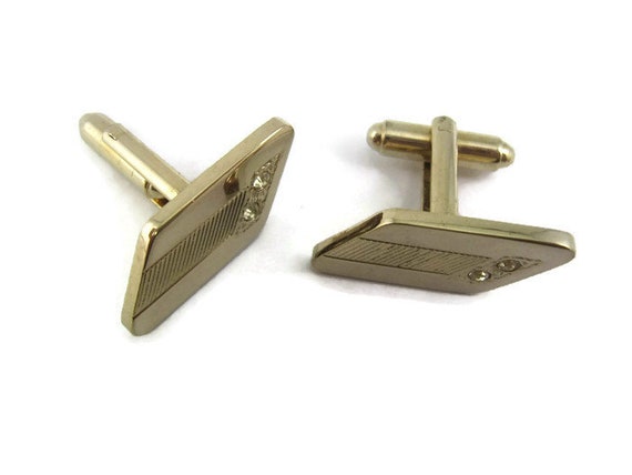 Vintage Cufflinks: Double Clear Jewel Gold Tone Paral… - Gem