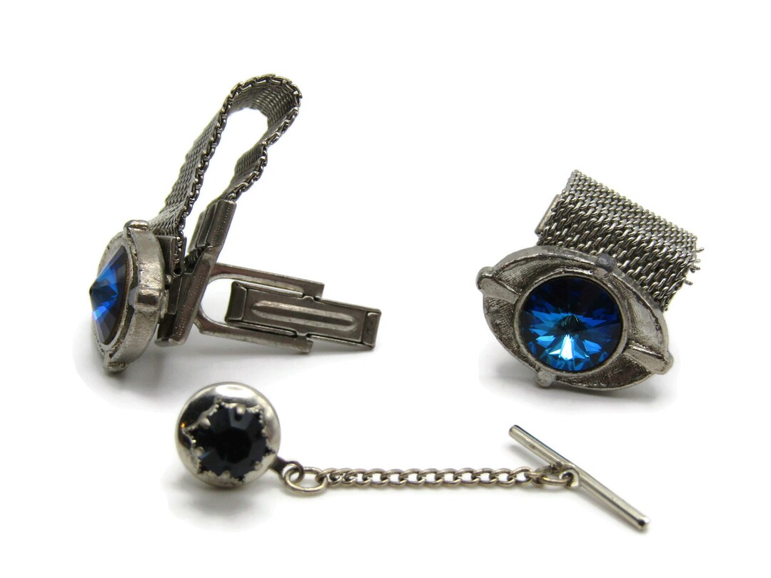 Vintage Men's Jewelry Set: Tie Bar Chain Cufflinks Blue Rhinestone ...