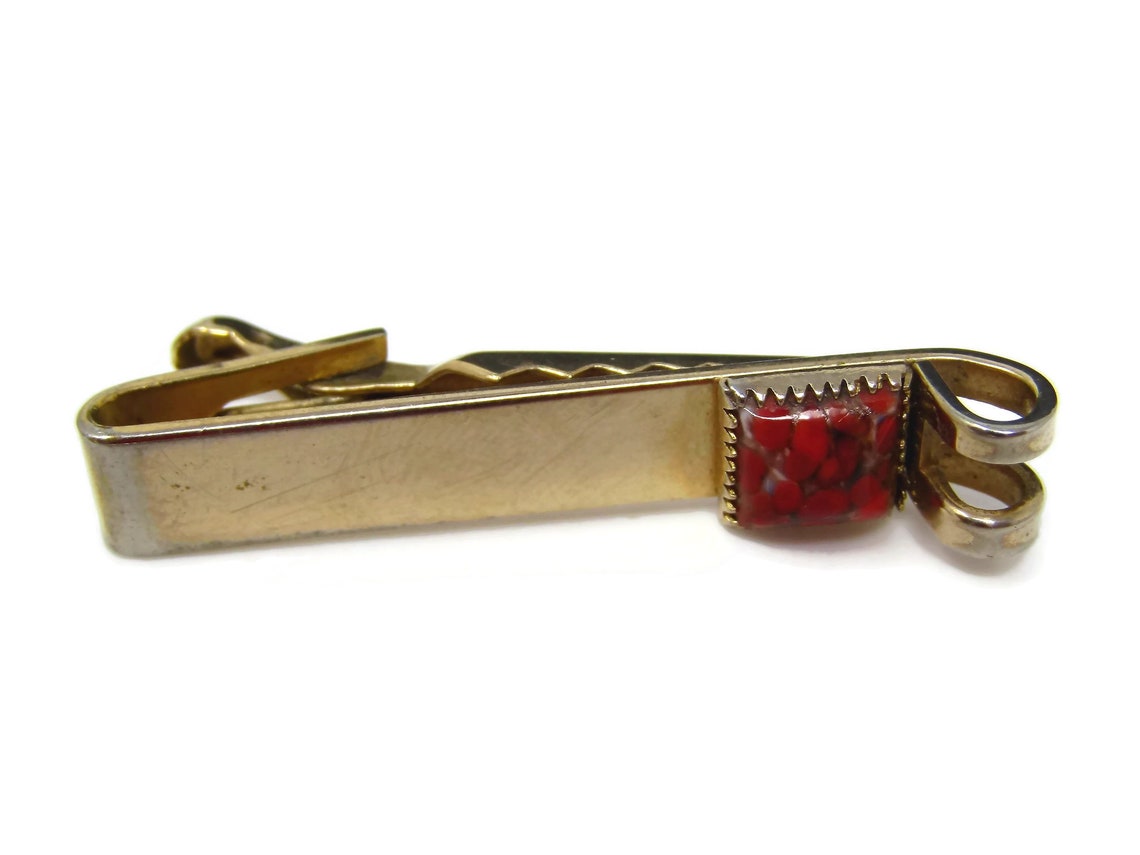 Vintage Tie Clip Tie Bar: Red Accent Loop Tips Gold Tone - Etsy