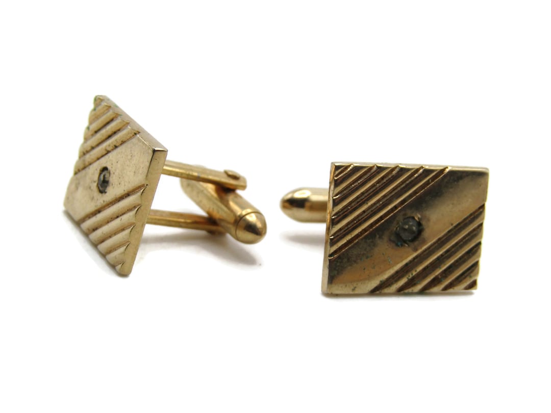 Rhinestone Inlay With Diagonal Lines Cuff Links Men's Jewelry Gold Tone ...