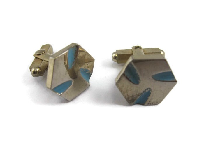 Vintage Cufflinks for Men: Small Hexagon Design Blue Accents