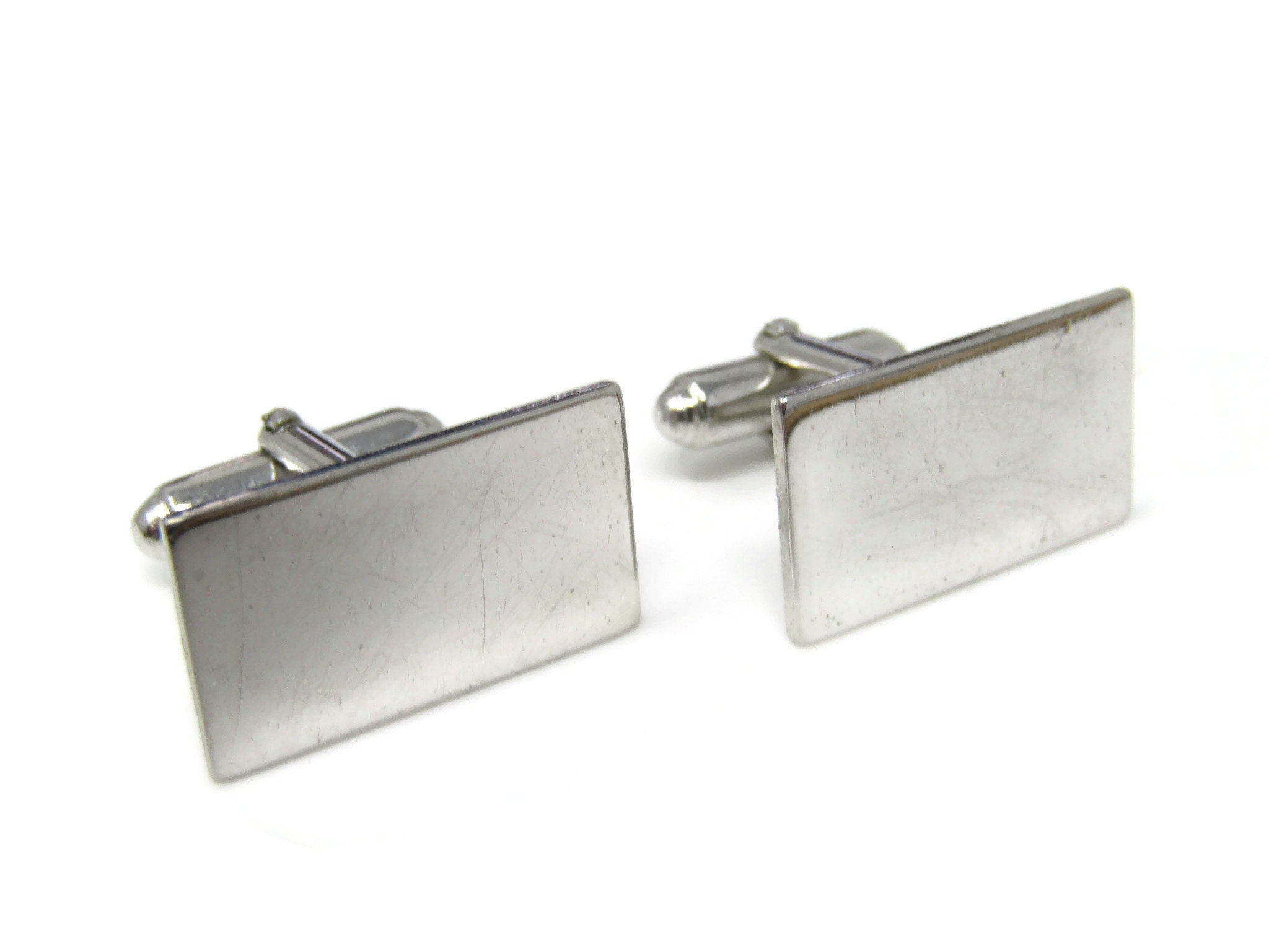 Classic Simple Rectangle Men's Cufflinks: Vintage Silver Tone - Stand ...