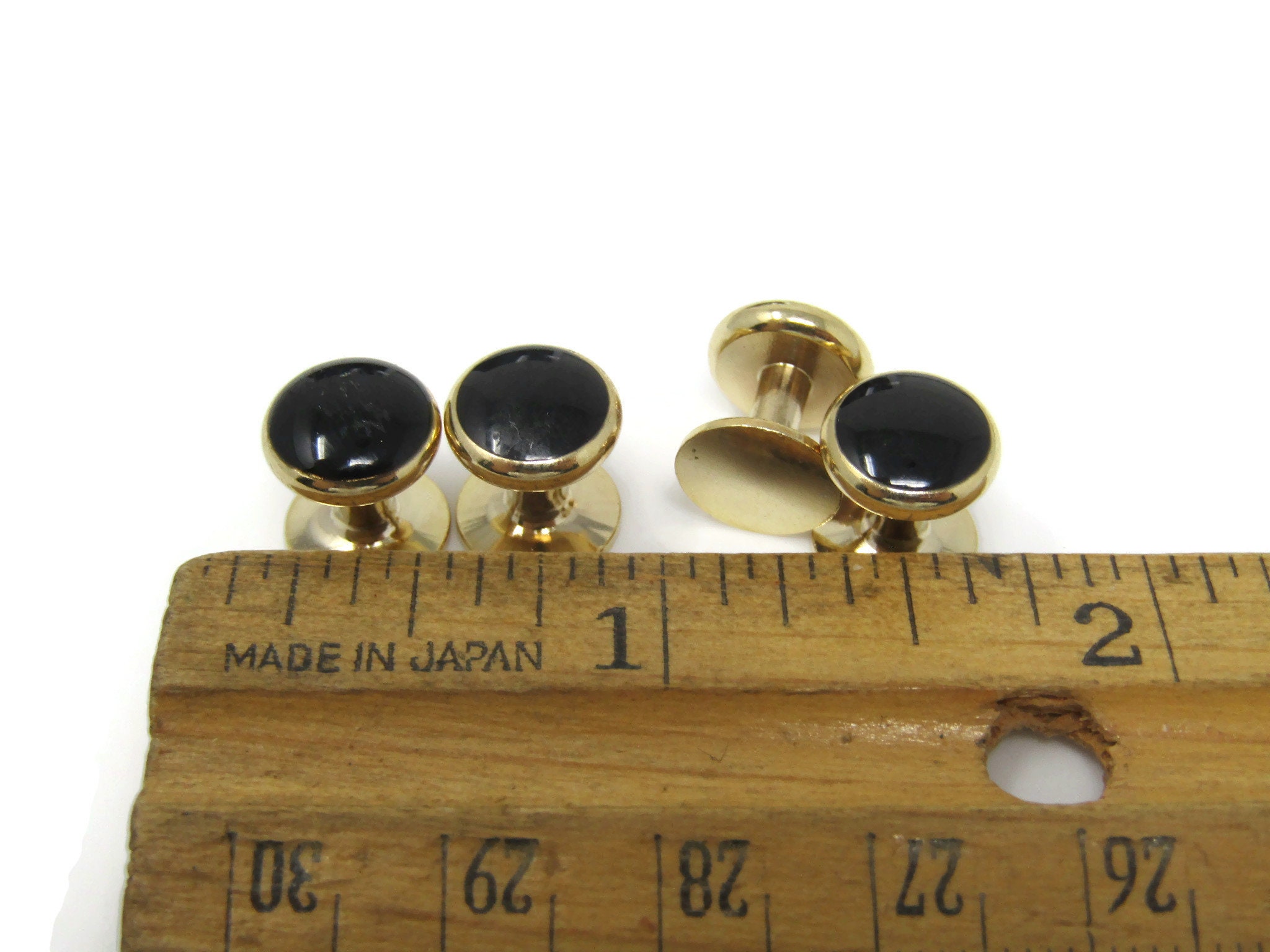 Four Black Center Vintage Shirt Stud Buttons Round Gold Tone Fixed Post ...