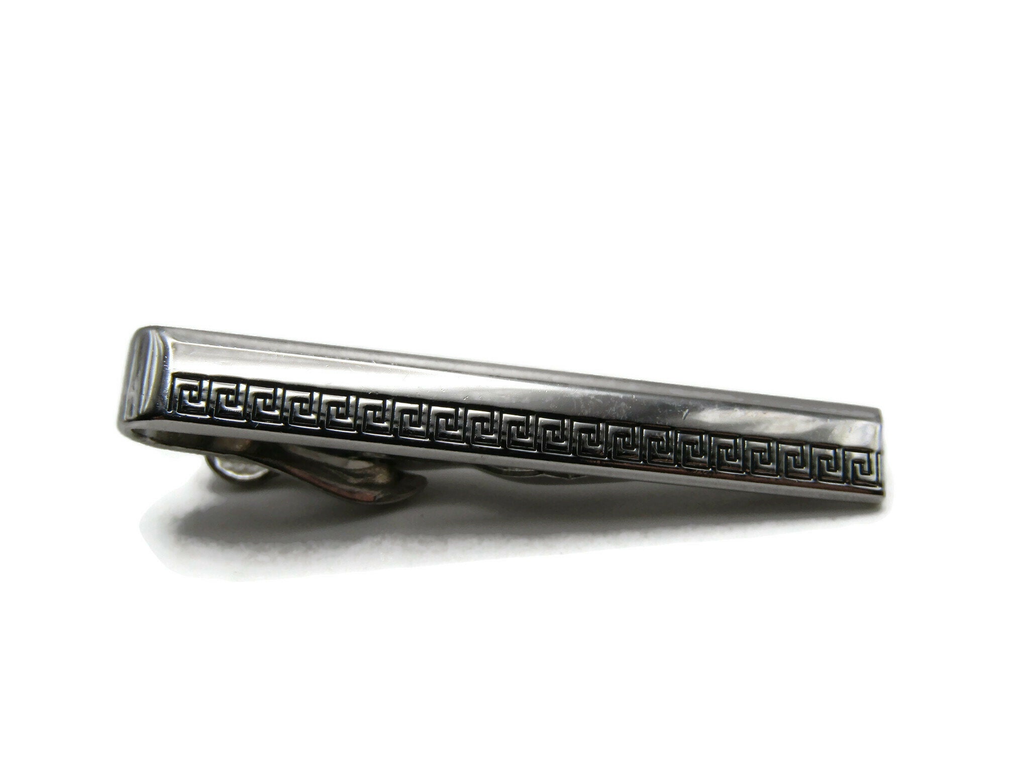 Geometric Etched Line Design Side Smooth Finish Silver Tone Tie Clip ...