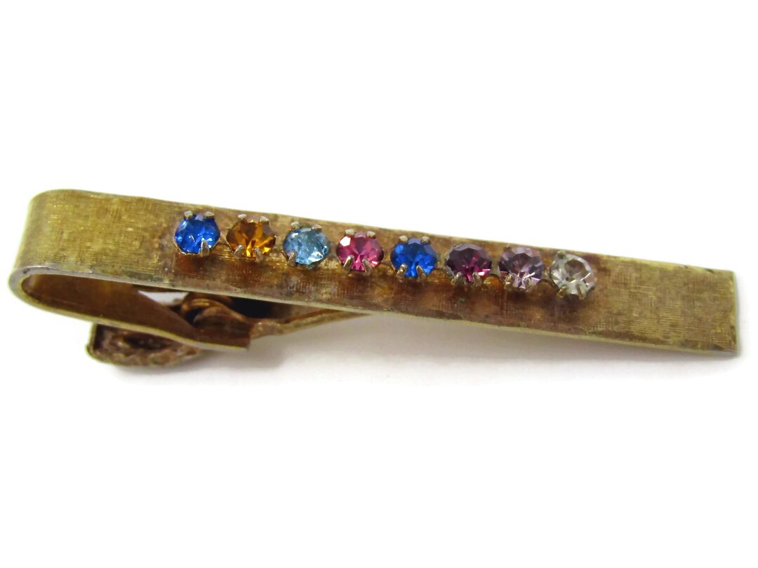 Vintage Tie Clip Tie Bar: Multicolor Colorful Jewels Textured Gold Tone ...