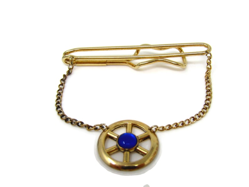 Cool Tie Bar With Chain Tie Clip Vintage Stunning Blue Wheel Design ...