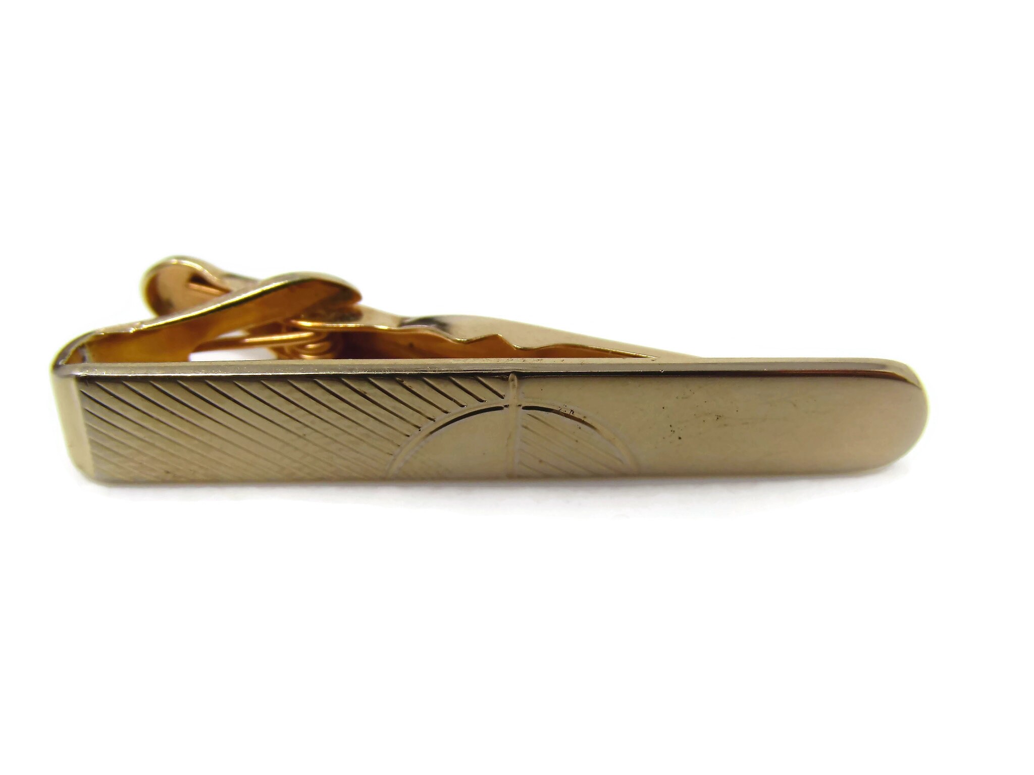Vintage Tie Bar Clip: Geometric Modernist Striped Smooth Gold Tone Design