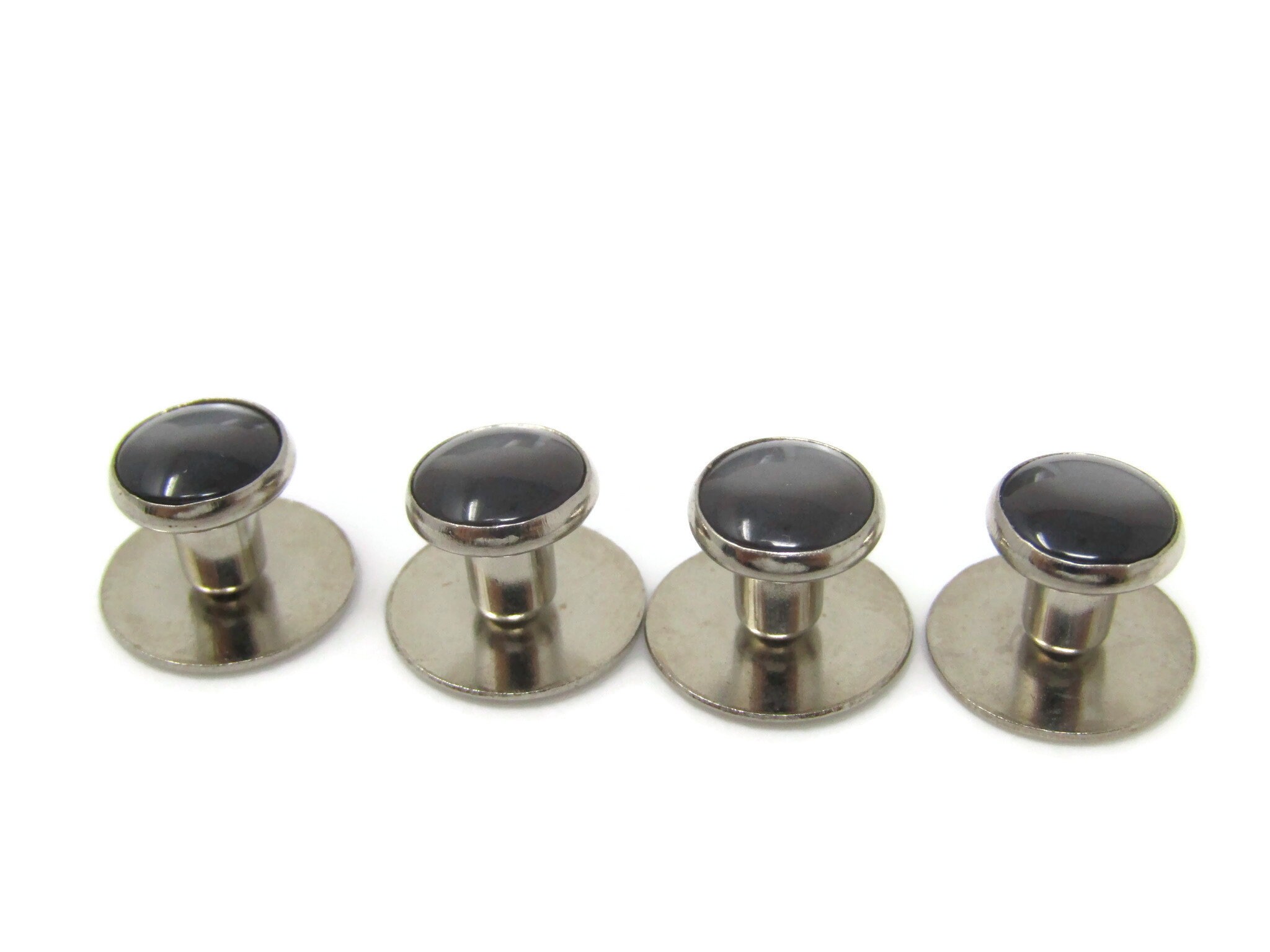 Four Black Center Vintage Shirt Stud Buttons Round Silver Tone Fixed ...
