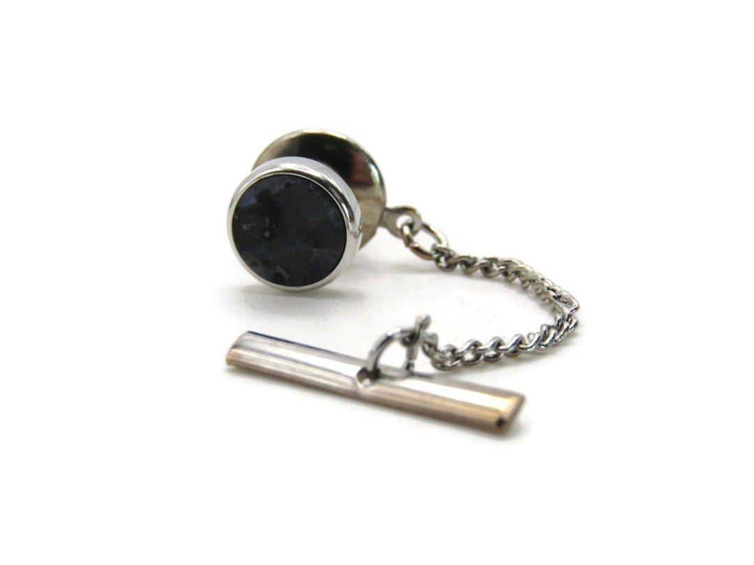 Black Stone Round Tie Pin and Chain Men's Jewelry Silver Tone - Etsy