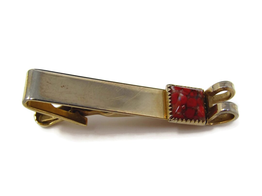 Vintage Tie Clip Tie Bar: Red Accent Loop Tips Gold Tone - Etsy