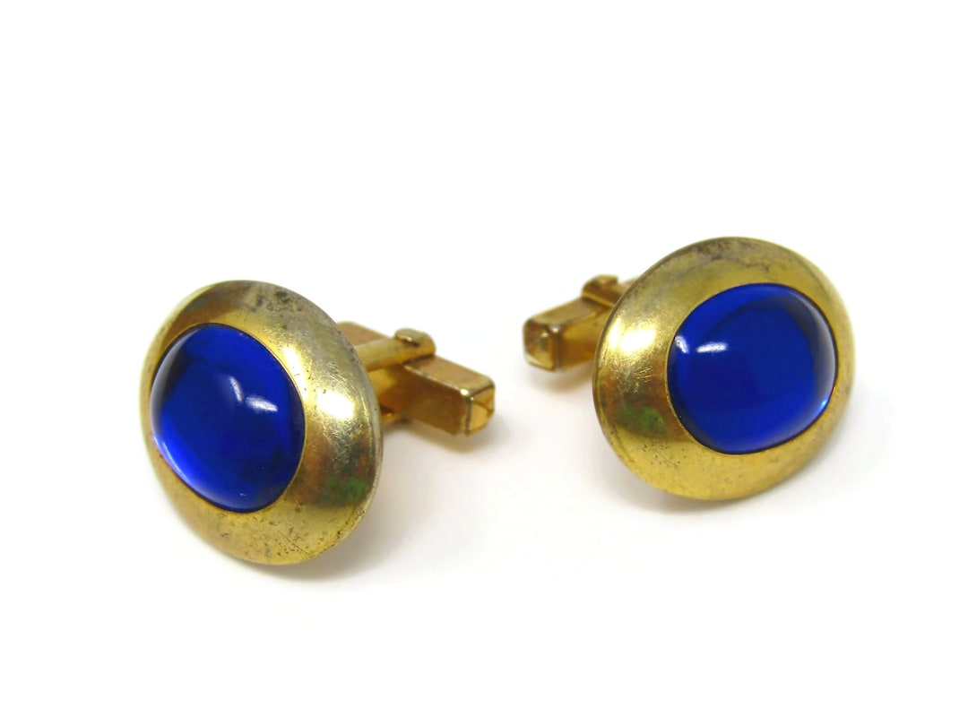Blue Center Cuff Links Cufflinks for Men Vintage Translucent Gold Tone ...