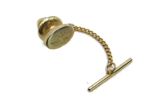 Etched Star Center Tie Lapel Pin & Chain Gold Tone Me… - Gem