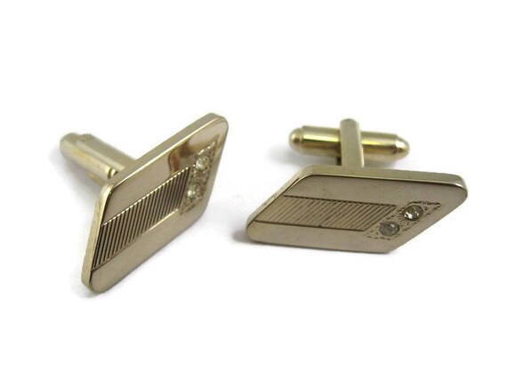 Vintage Cufflinks: Double Clear Jewel Gold Tone Paral… - Gem