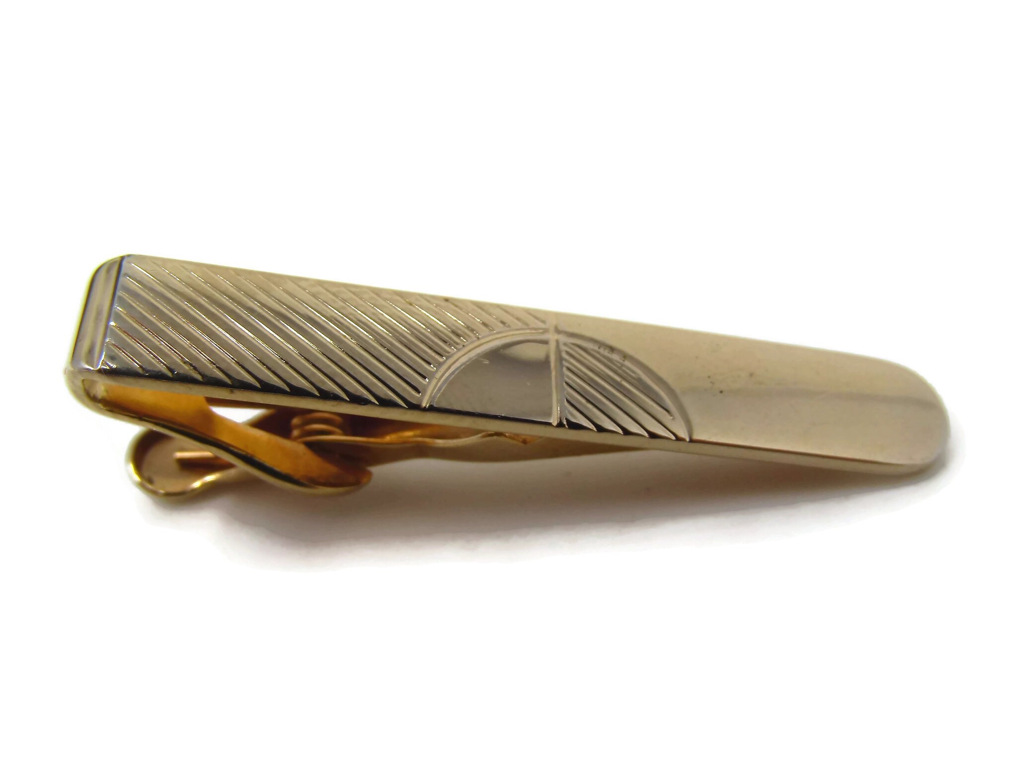 Vintage Tie Bar Clip: Geometric Modernist Striped Smooth Gold Tone Design