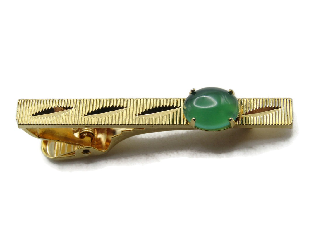 Green Stone Etched and Vertical Lines Tie Clip Tie Bar Men's Jewelry ...