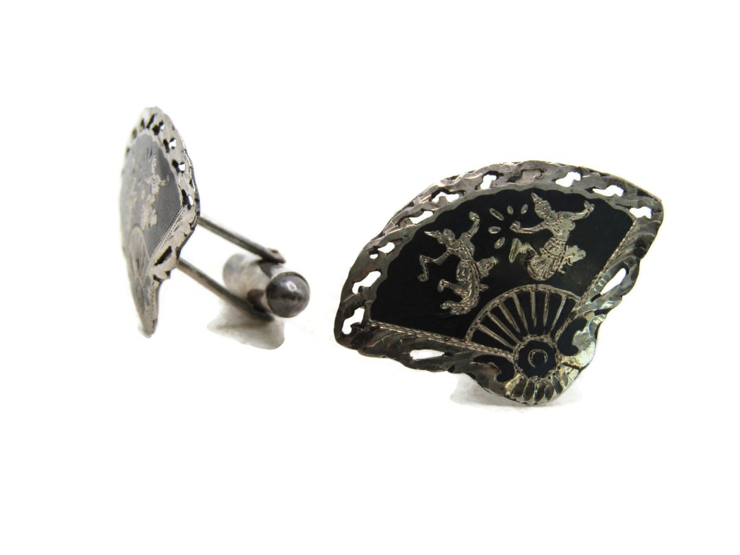 Eastern Art Inspired Fan Shaped Cuff Links Black and Silver Tone Men's ...