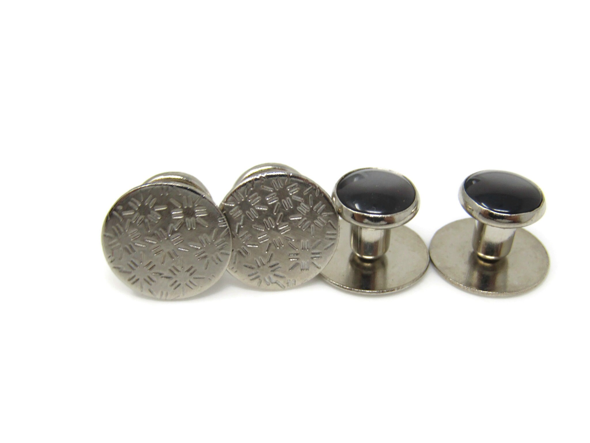 Four Black Center Vintage Shirt Stud Buttons Round Silver Tone Fixed ...
