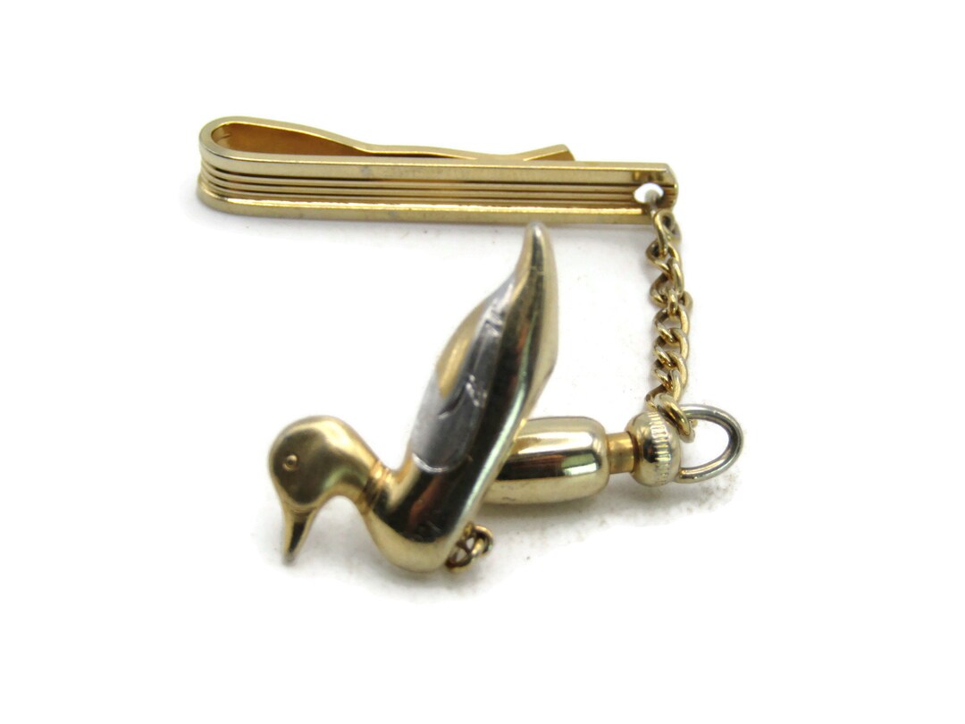 Silver and Gold Tone Duck Tie Clip & Chain Set Classic Design Tie Bar ...