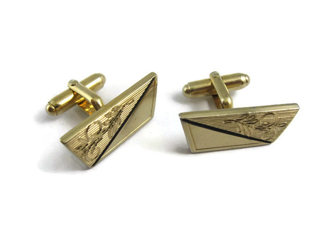 Vintage Cufflinks for Men: Black Diagonal Stripe Gold Tone Trapezoid ...