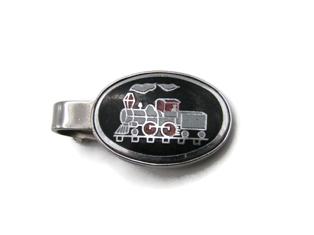 Coal Powered Train and Track Oval Shape Black Red and Silver Tone Tie ...