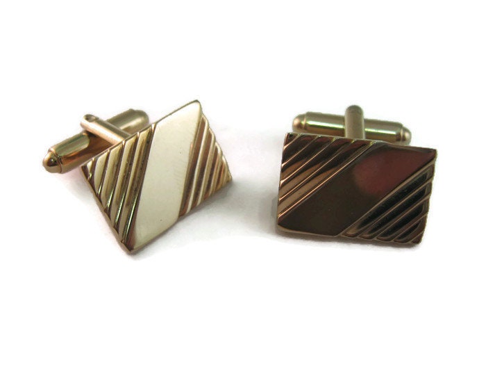 Vintage Cufflinks for Men: Gold Tone Diagonal Groove Stripes Design