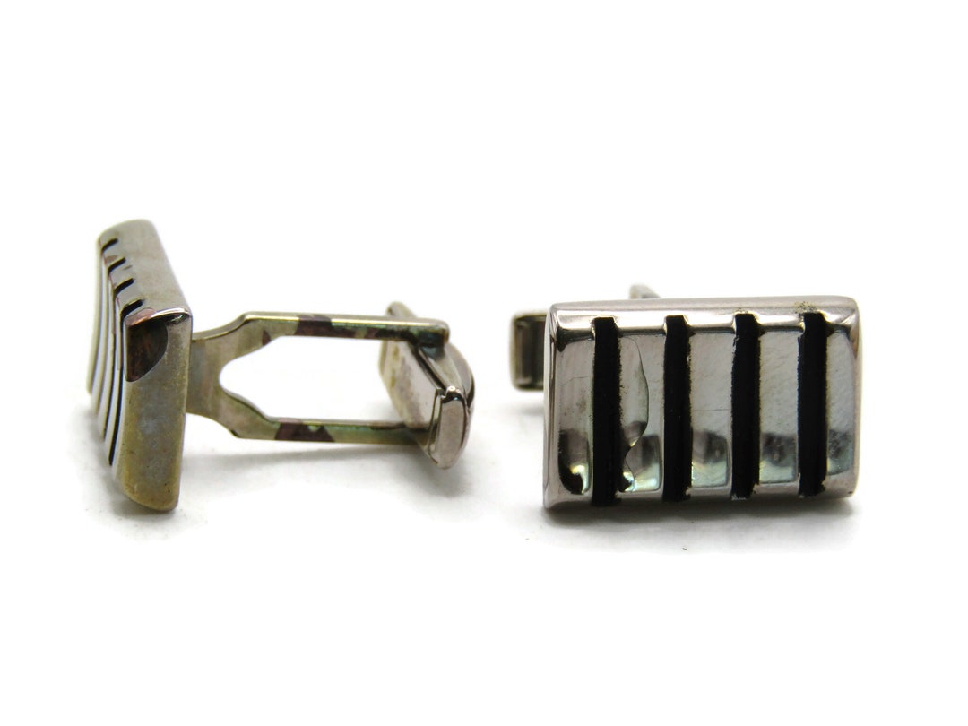 Black Etched Vertical Line Cuff Links Men's Jewelry Silver Tone - Etsy