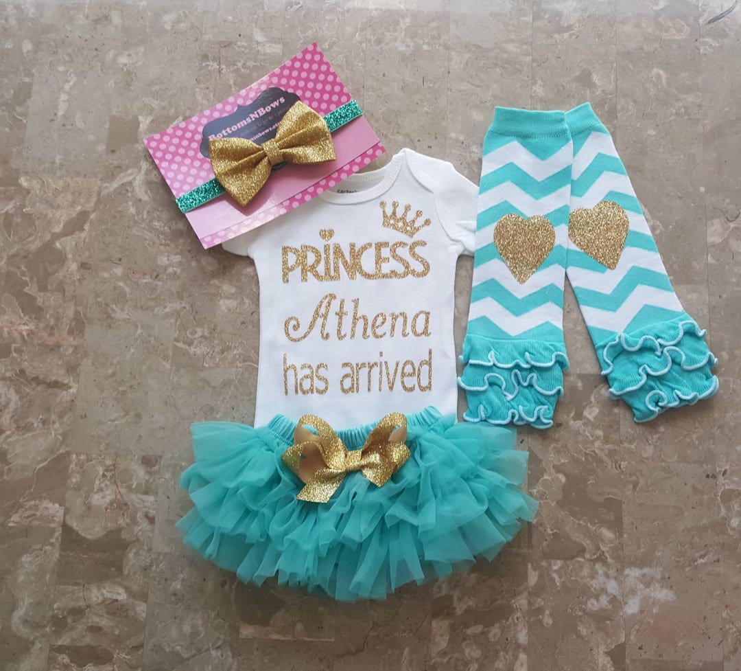 Gold Glitter Vinyl "princess Has Arrived" Bodysuit, Aqua Chiffon ...
