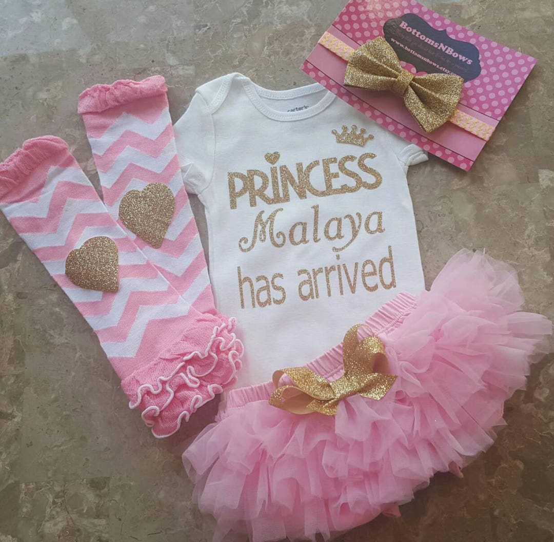 Gold Glitter Vinyl "princess Has Arrived" Bodysuit Pink Chiffon Ruffled ...