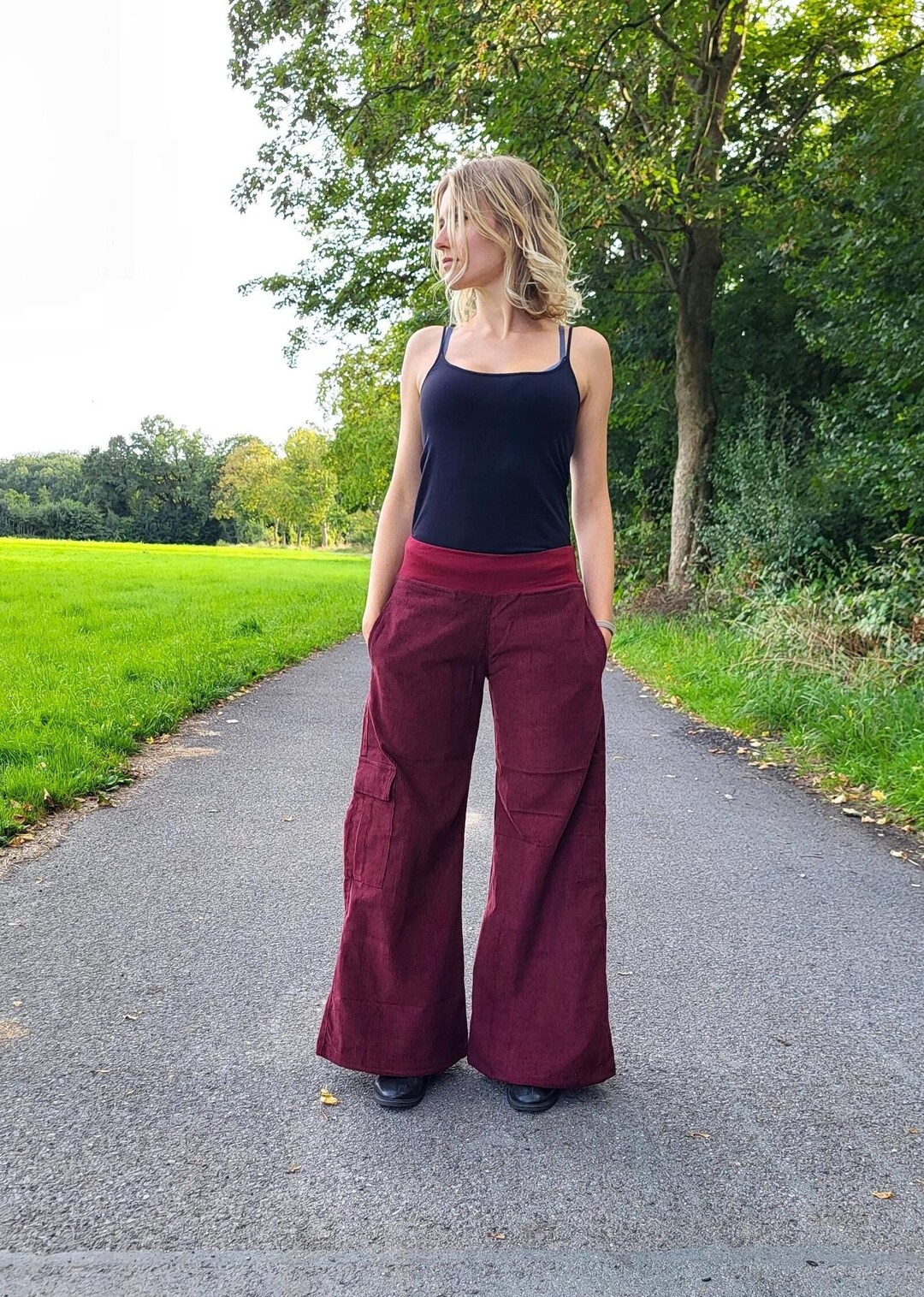 Maroon Corduroy Long Boho Flare Pant, Fun Comfy Wide Leg Cargo Pocket ...