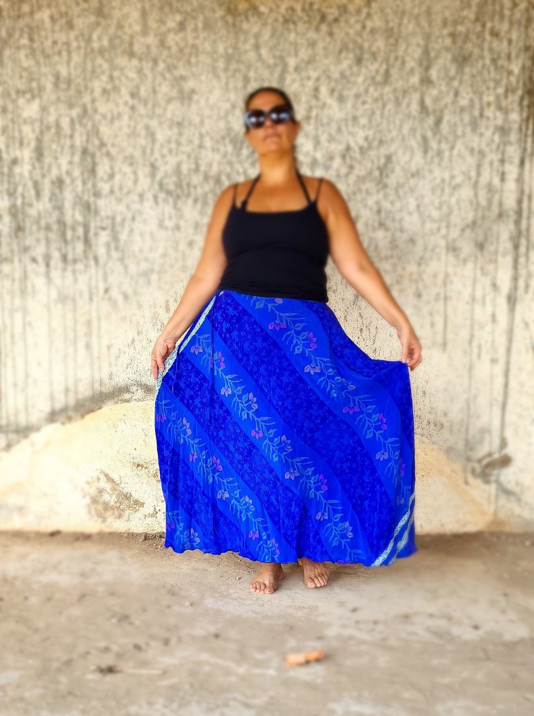 Silk Maxi Skirt Lightweight Summer Side Zipper Adjustable Waist String ...