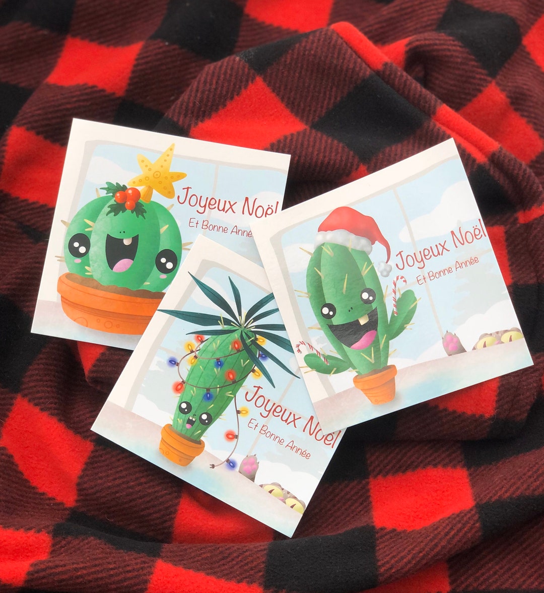 Cactus de Noël et chat. Ensemble de 3 cartes de Noël. Français ou ...