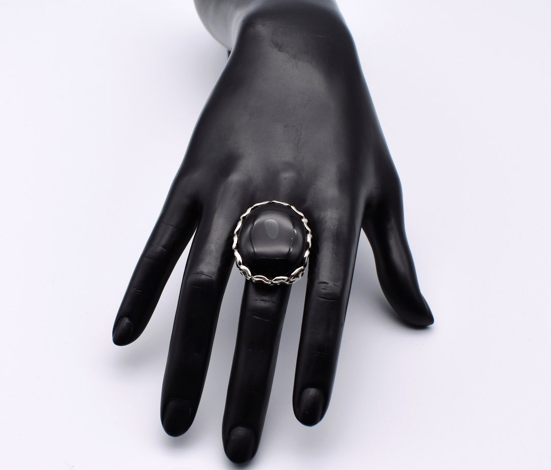 80's Avant Garde Sterling Black Tourmaline Size 8.25 Ring, Big Edgy FAS ...