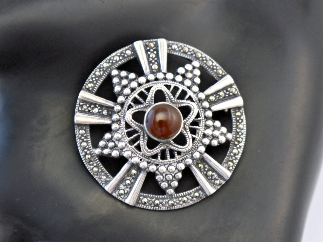 60's Sterling Carnelian Marcasite Beaded Stars Shield Brooch, 925 ...