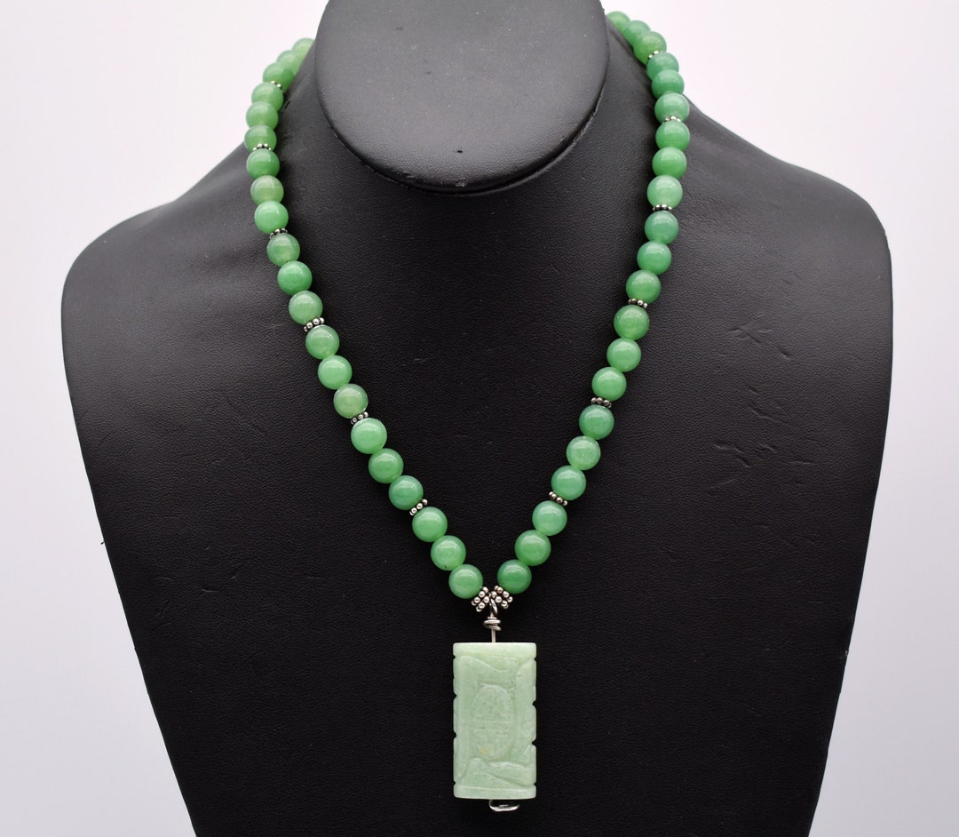 60's Carved Asian Green Jadeite Sterling Affixed Pendant, Nephrite Jade ...