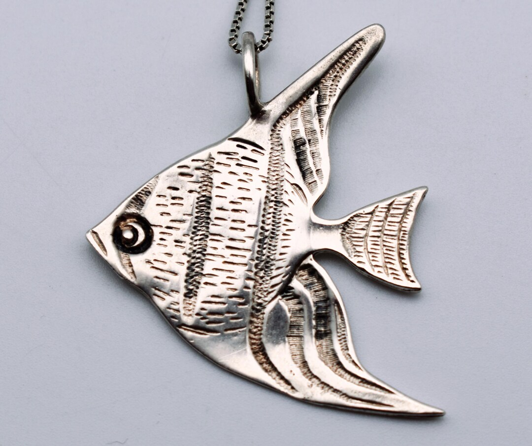 60's Abstract Sterling Angelfish Pendant, Big Mid-century Textured 925 ...