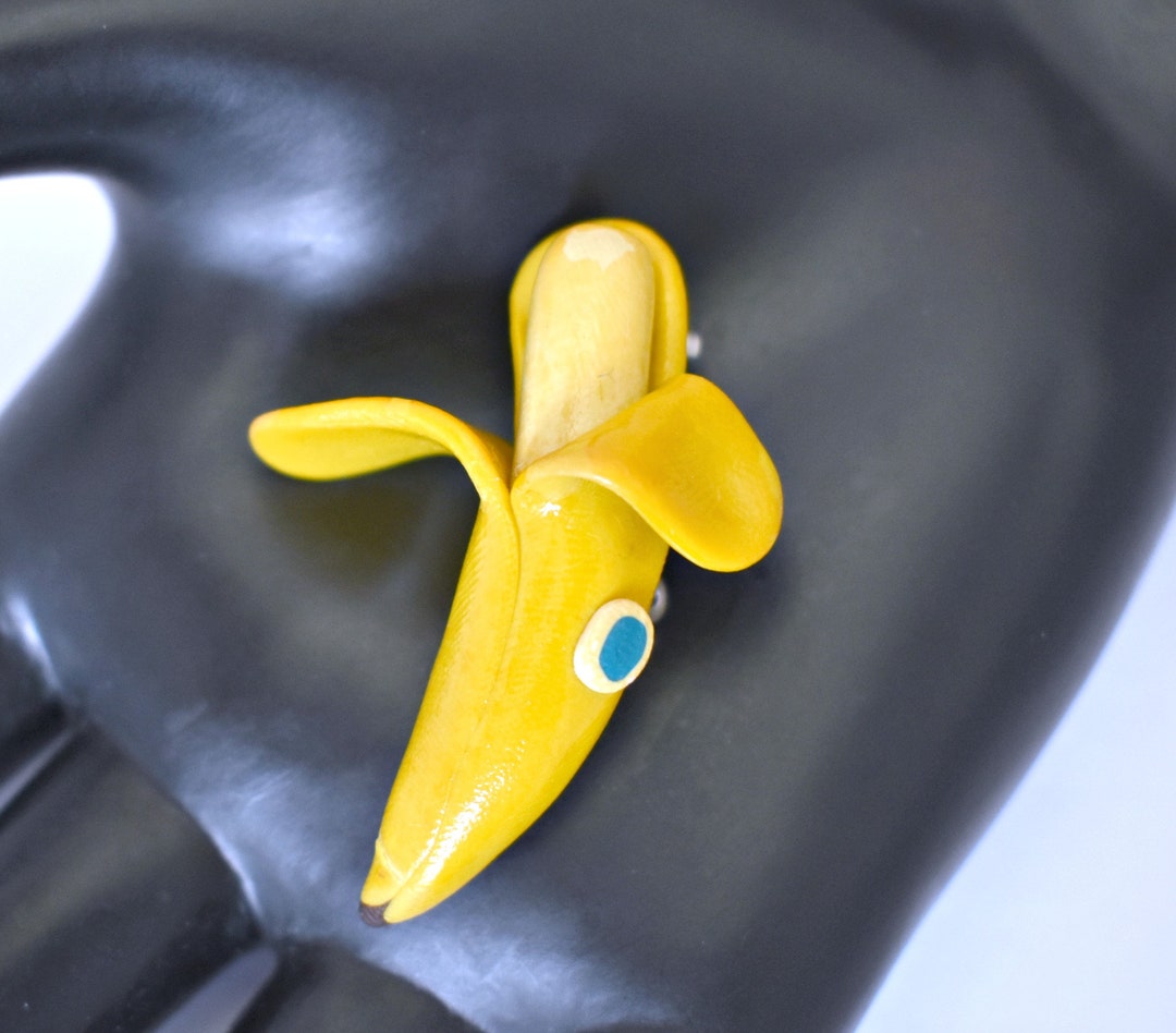 Kitsch 60's Polymer Clay Peeled Banana Pin, Novelty Blue Sticker on ...