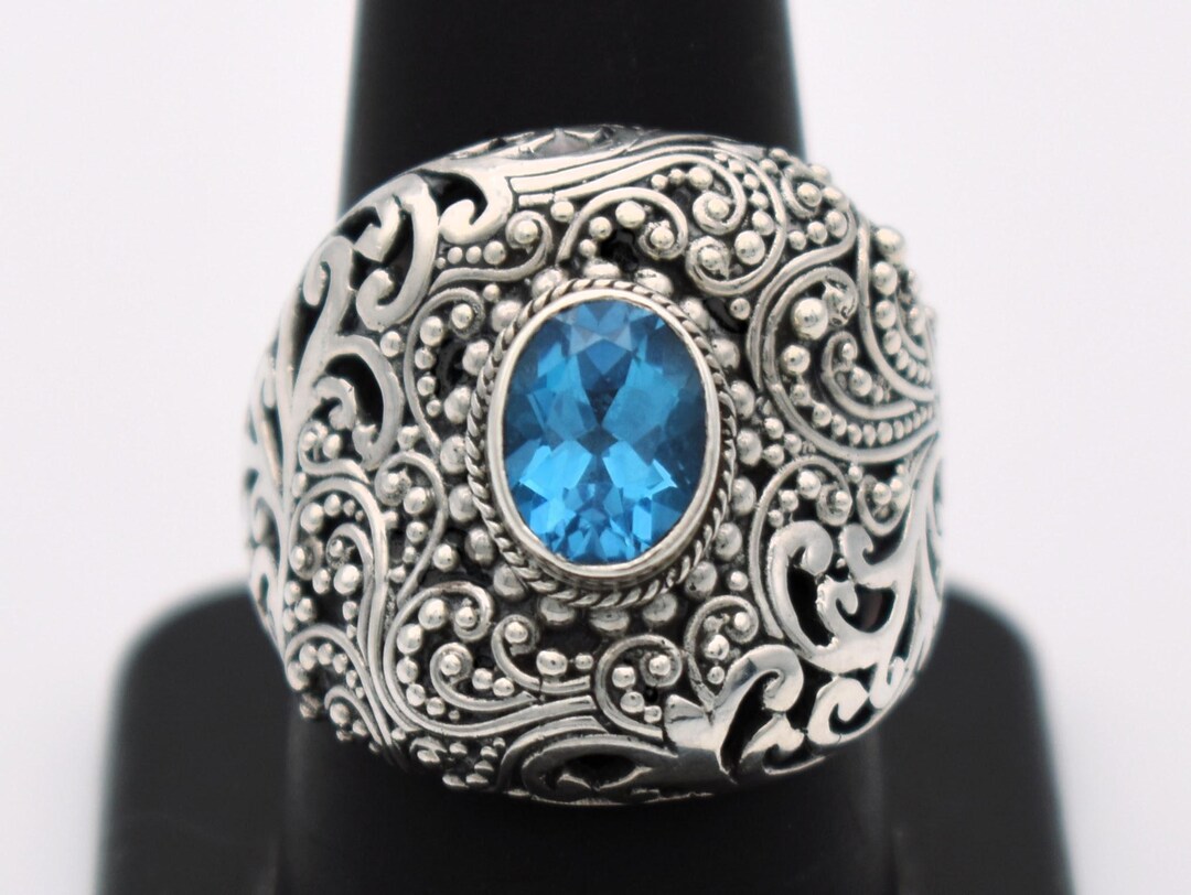Vintage Sarda 925 Blue Topaz Size 10 Statement: Ornate Bali Style ...