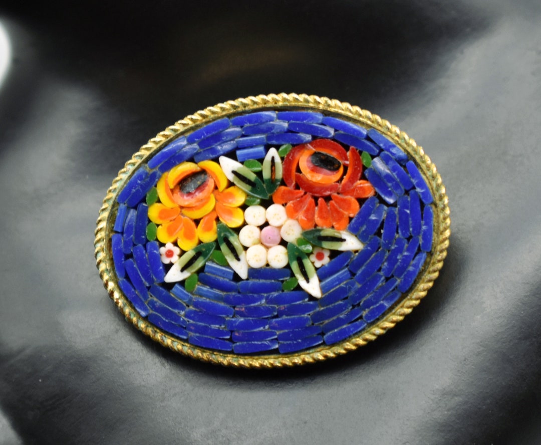 50's Micro Mosaic Oval Flowers Pin, Vibrant Gold Plate & Glass Floral ...