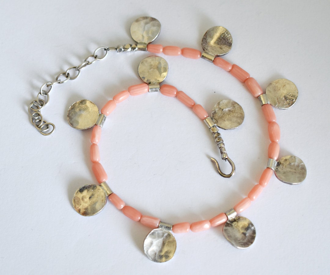 70s Boho Pink Coral Sterling Silver Sand Dollar Ankle Bracelet - Etsy