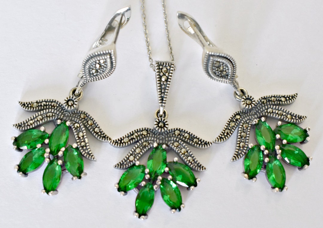 Art Deco 80's Sterling Green Quartz Pyrite Necklace Earrings Set, 925 ...
