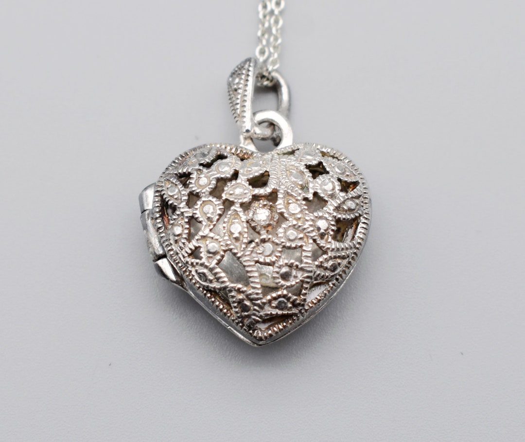 90's CW 925 Silver Diamond Heart Locket, Open Work Sterling Designer ...
