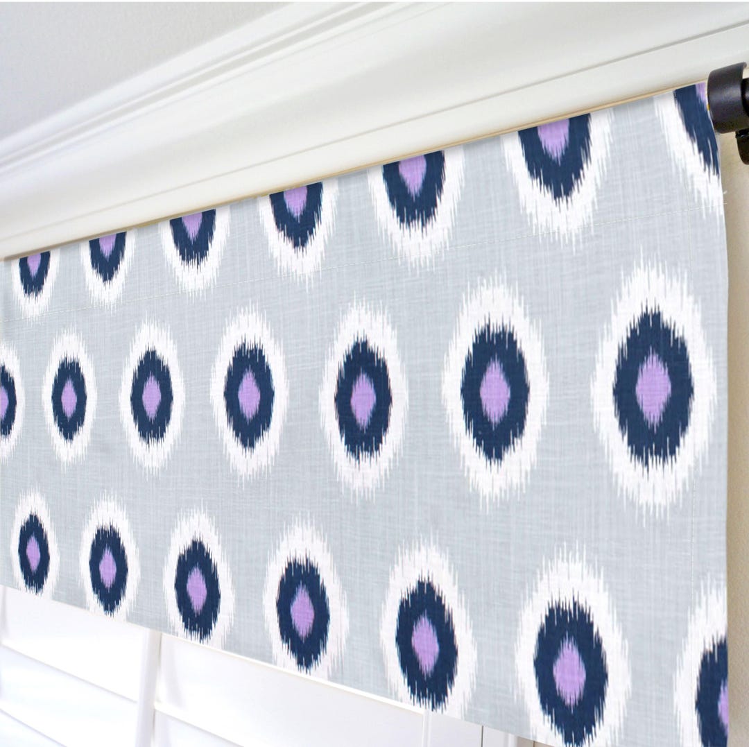 Gray Ikat Valance Panels. Navy Blue Window Treatment. Gray Dark Blue ...