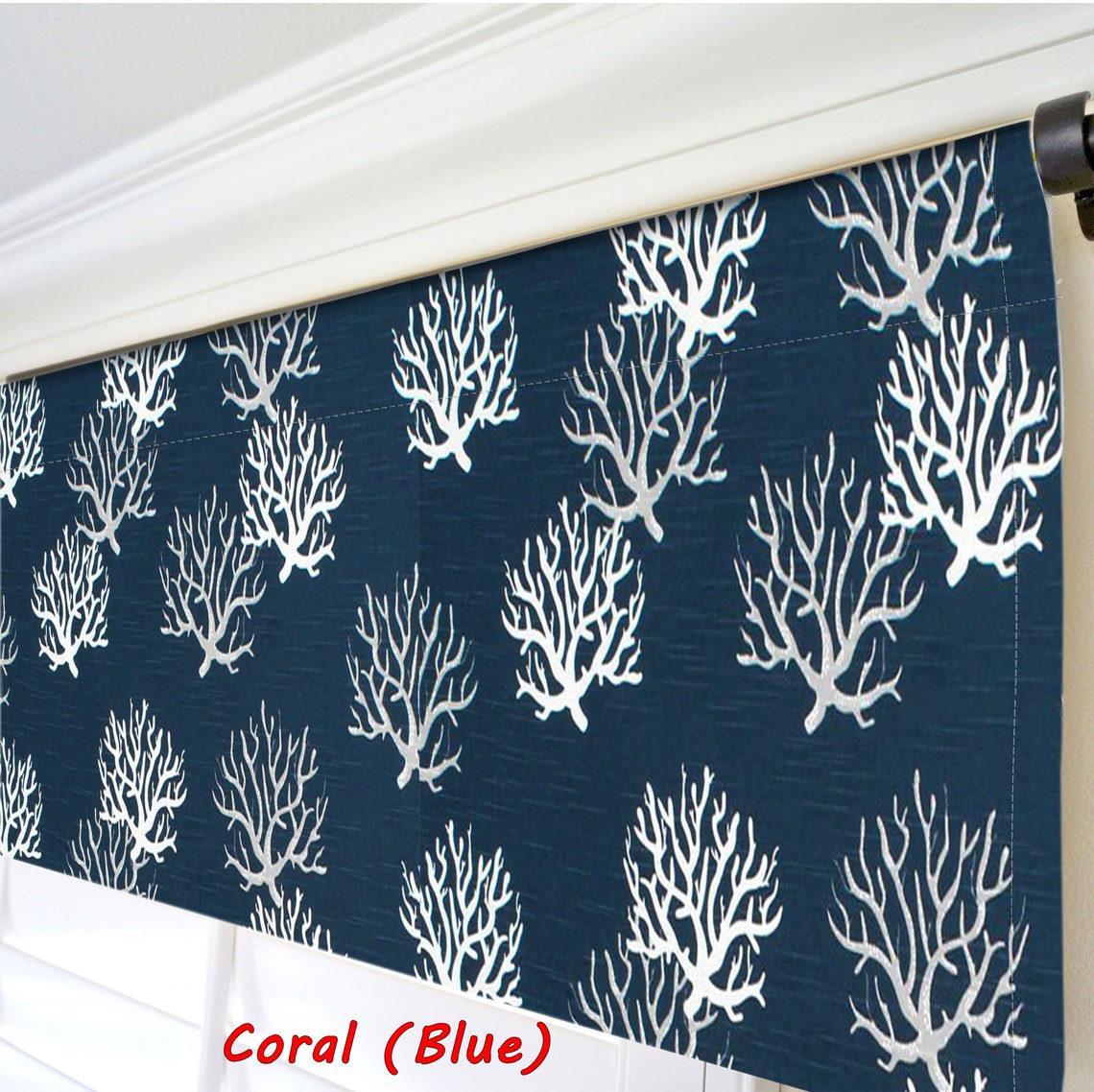 Navy Coral Window Valance. Blue White Valance. Beach House - Etsy