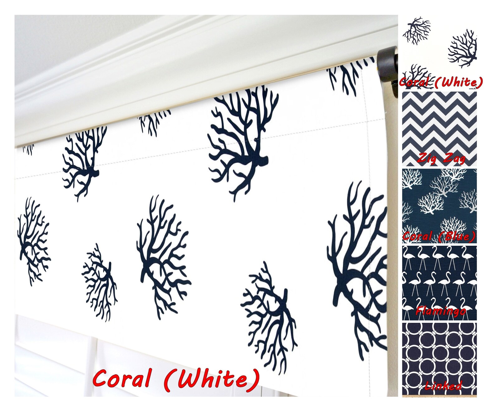 Navy Coral Window Valance. Blue White Valance. Beach House - Etsy