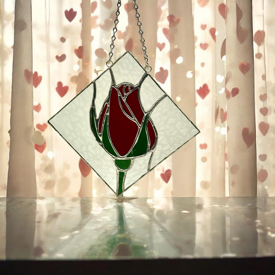 Stained Glass Rose Suncatcher – Handmade Floral Window Decor, Romantic ...